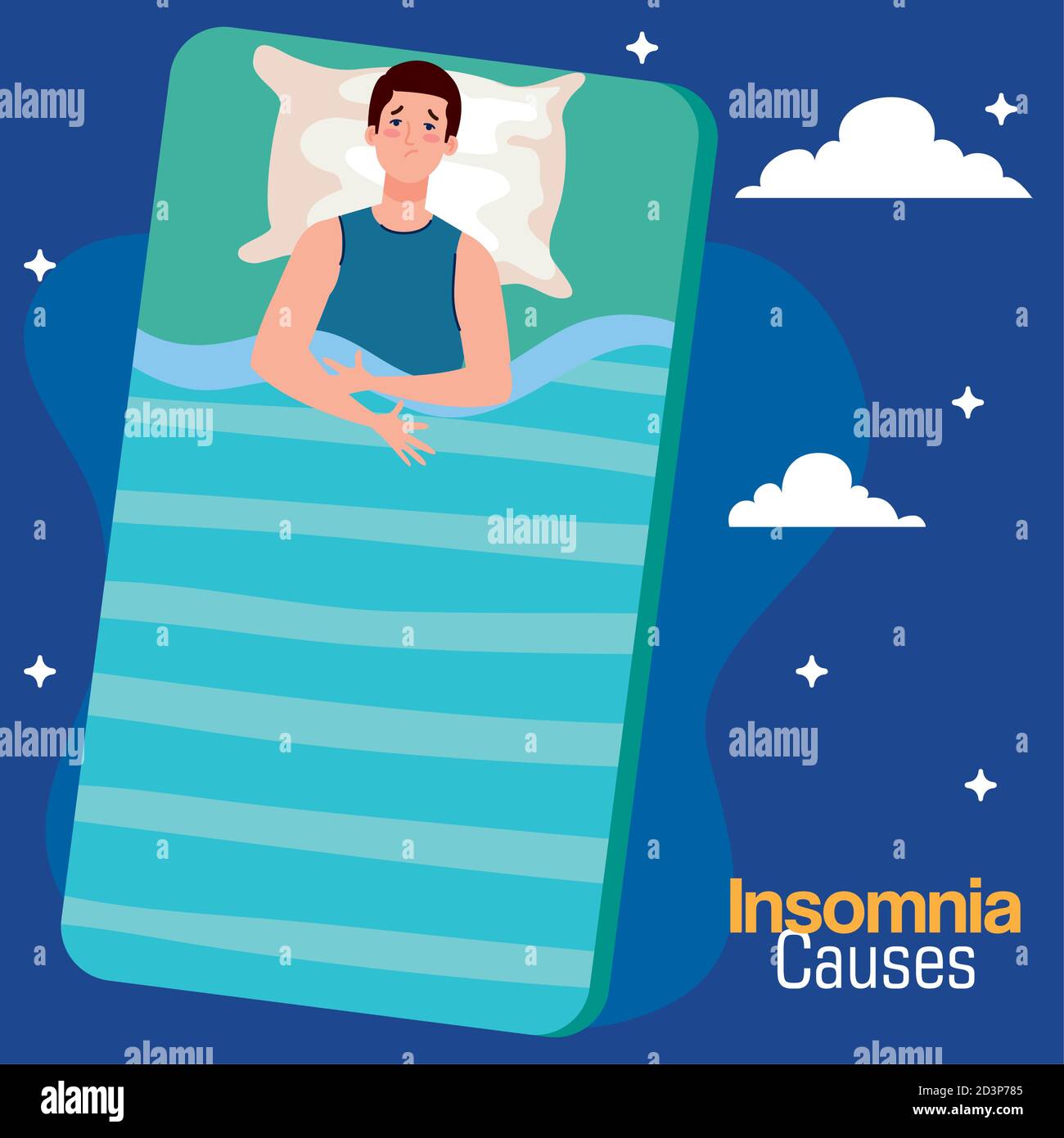 insomnia causes man on bed with pillow and clouds vector design Stock ...