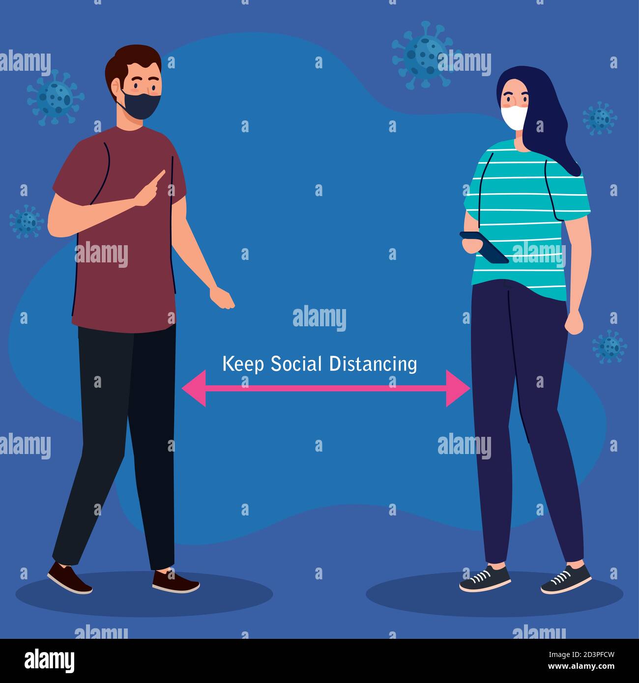 New normal of social distancing between man and woman with mask vector ...