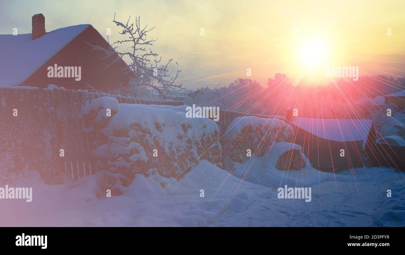 winter landscape village snow sunset red sun.snow-covered wooden houses ...