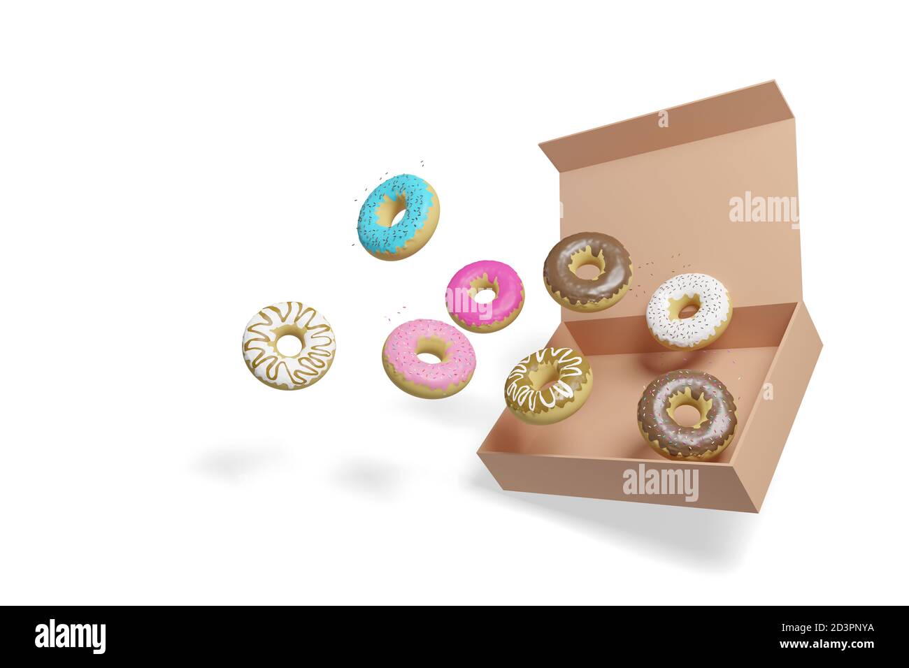 Donuts coming out of a box isolated on white background. 3d ...