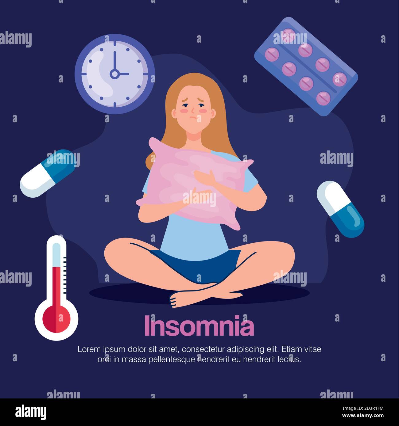 insomnia woman with pillow and icon set vector design Stock Vector ...