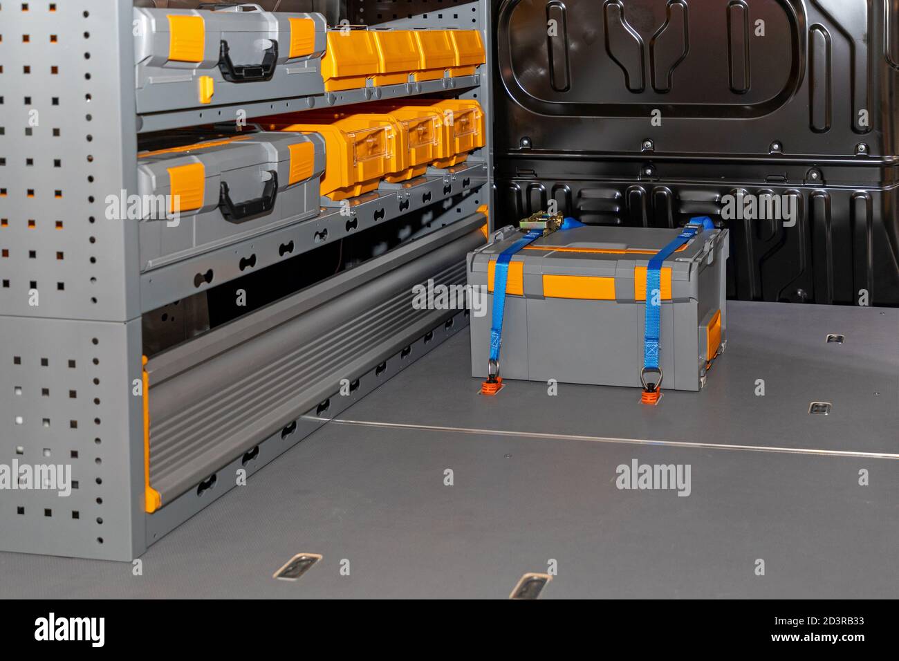 Transport Box Load Secured With Ratchet Straps in Mobile Workshop Van ...