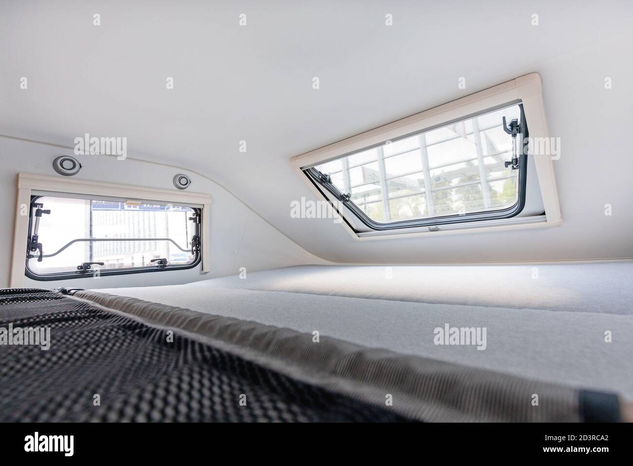 Big Bed in Mobile Home Camper Bedroom Stock Photo - Alamy