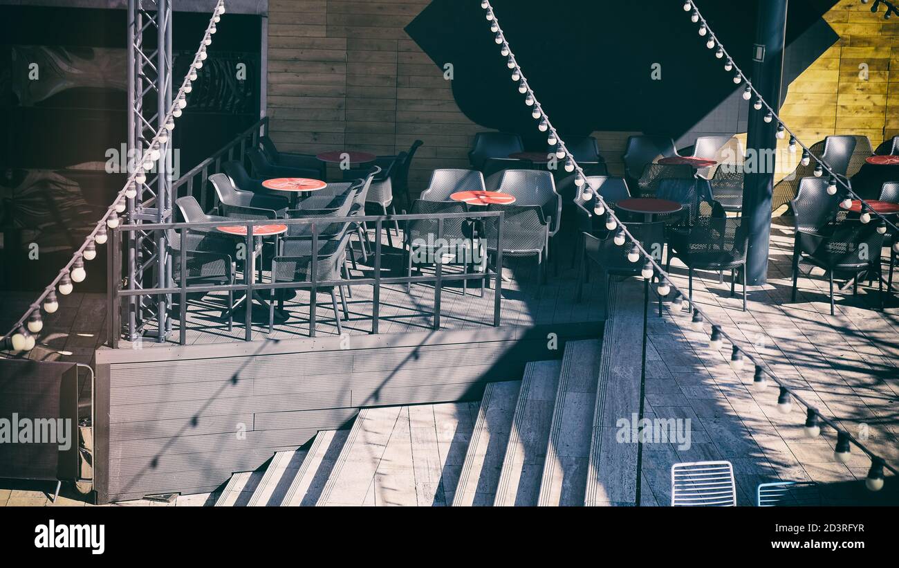 Coronavirus impact, empty restaurant and cafeteria tables Stock Photo ...