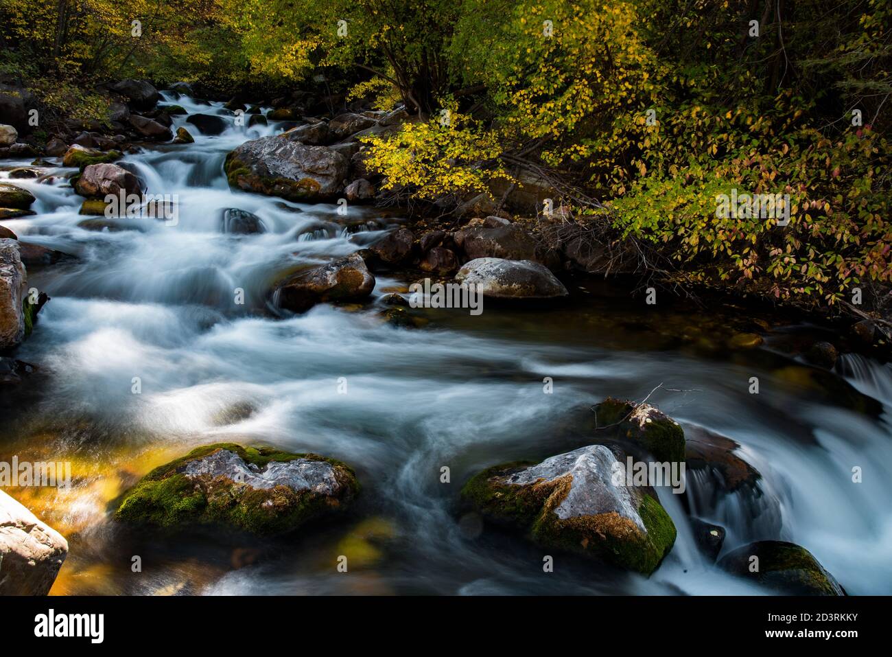 Mountain stream with Autumn colors using a slow shutter speed to ...