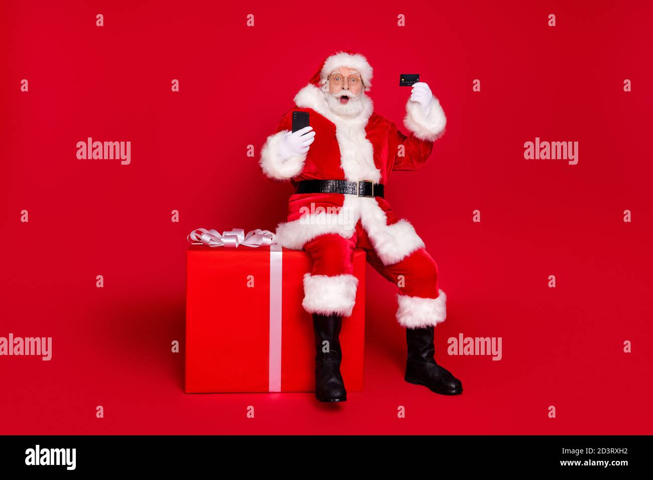 Full length body size view of his he handsome fat bearded amazed Santa ...
