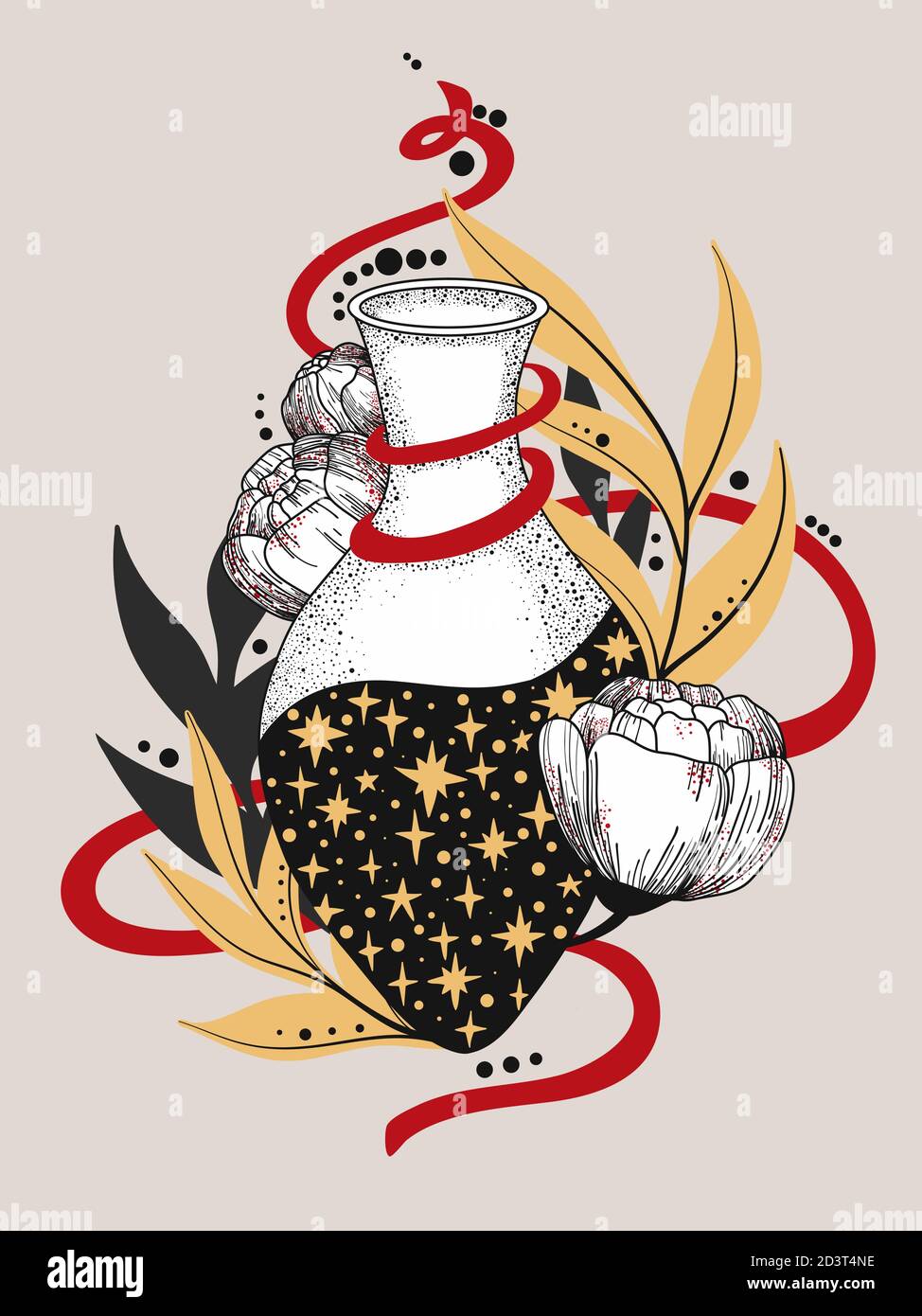 Hand drawn magic bottle. Vial with flower. Gothic style. Vector ...