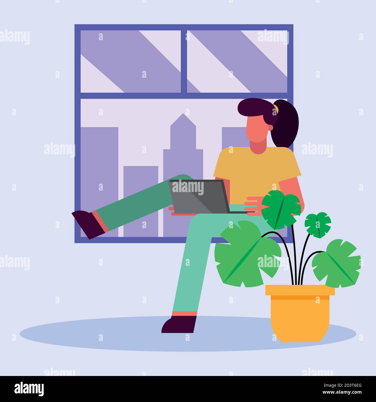 Man with laptop working on window from home design of telecommuting ...