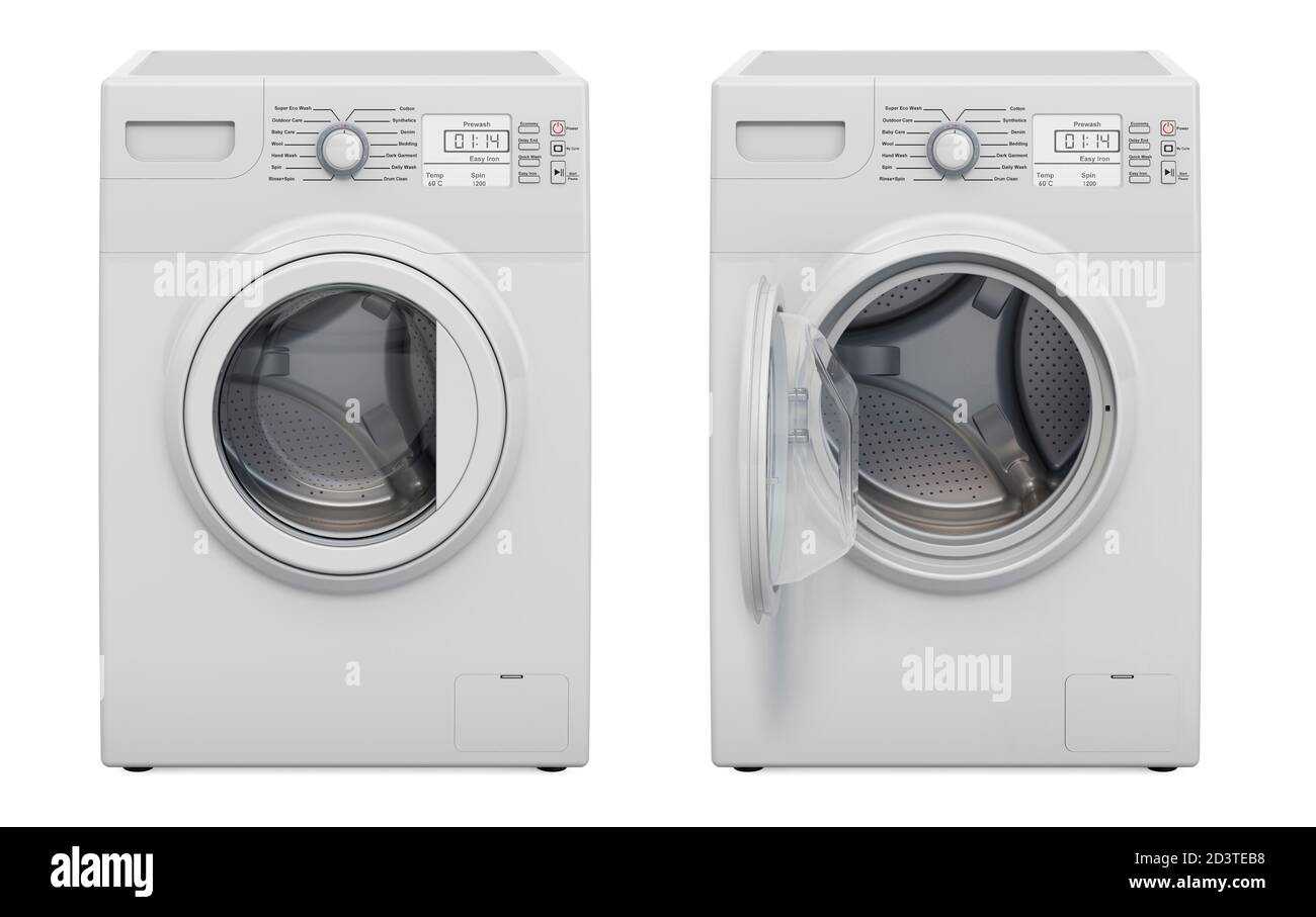 Modern washing machine with opened door and closed door, front view. 3D ...