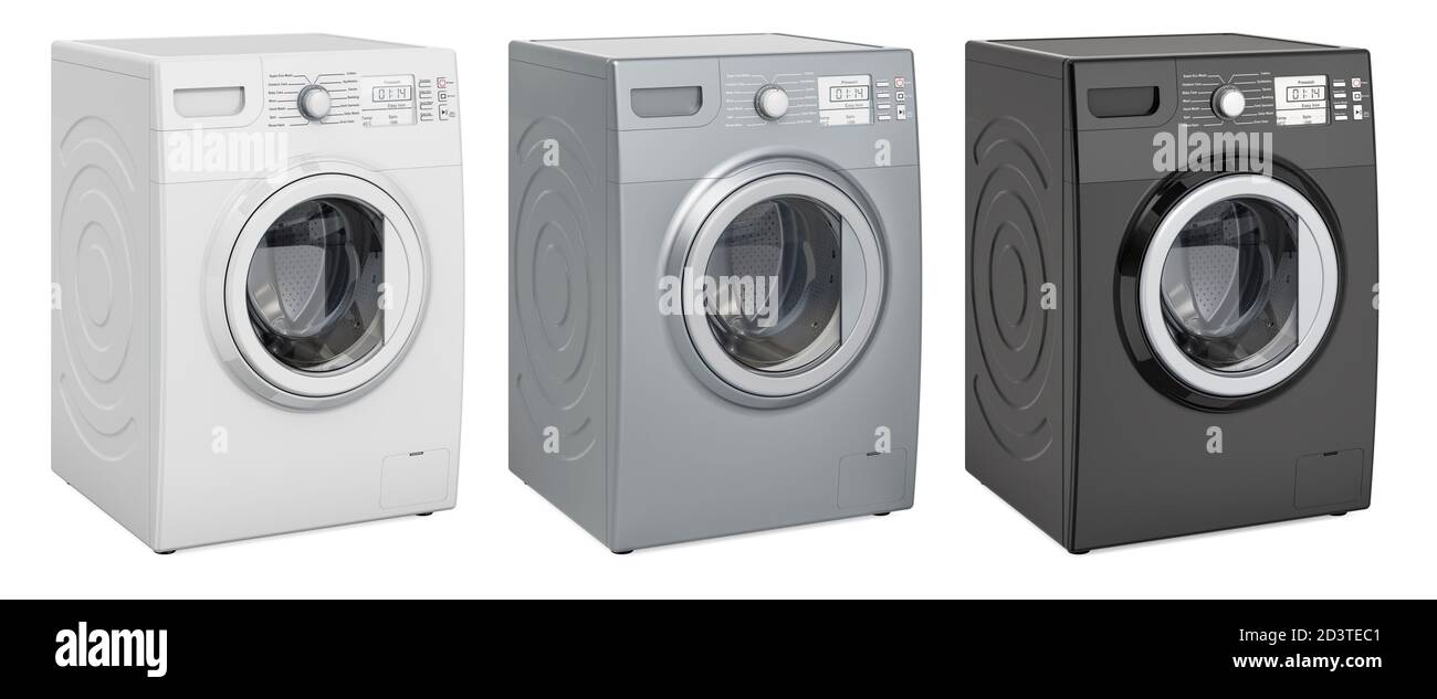 Washing machines silver and black, side view. 3D rendering isolated on ...