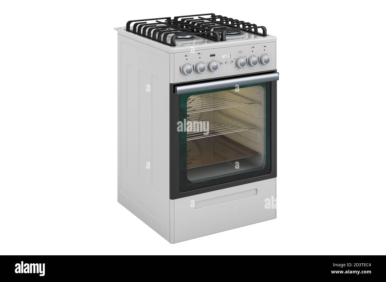 Freestanding gas range with oven, side view. 3D rendering isolated on ...