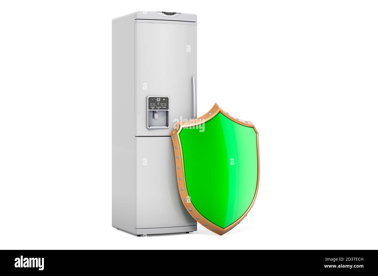 Refrigerator with shield. Guarantee and protection fridge concept. 3D ...