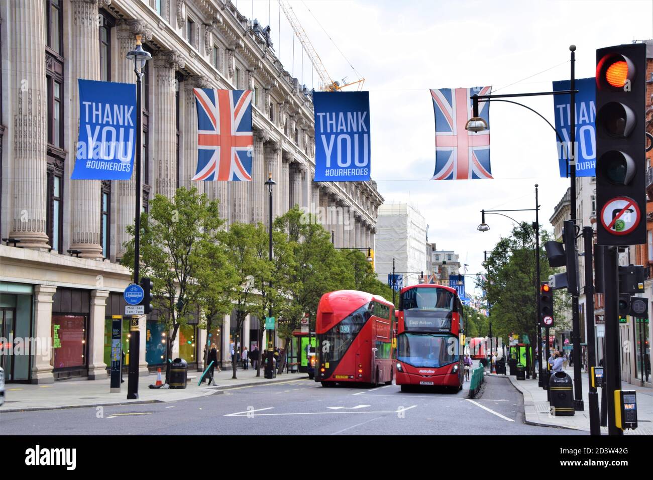 View of Selfridges department store and Oxford Street with Thank You ...