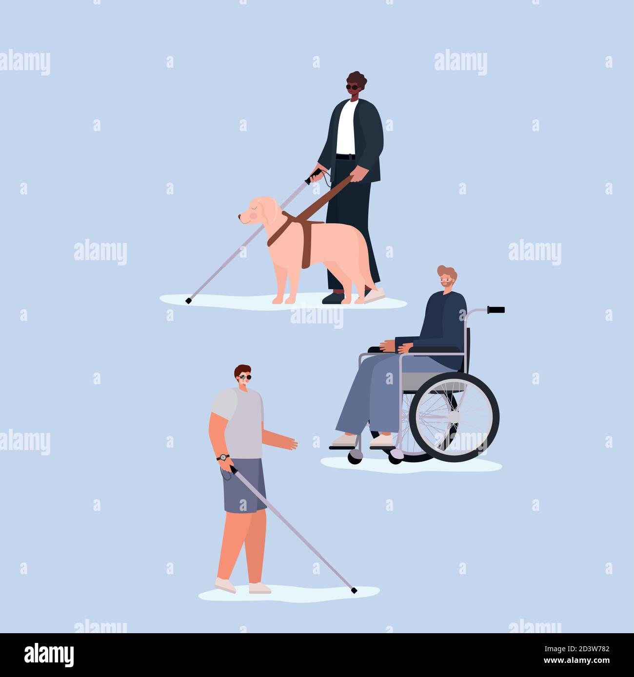 disability men cartoons with wheelchair prosthesis canes and dog vector ...