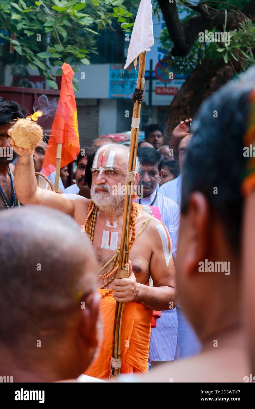 BENGALURU, INDIA - Apr 09, 2017: South Indian Hindu monk priest doing ...