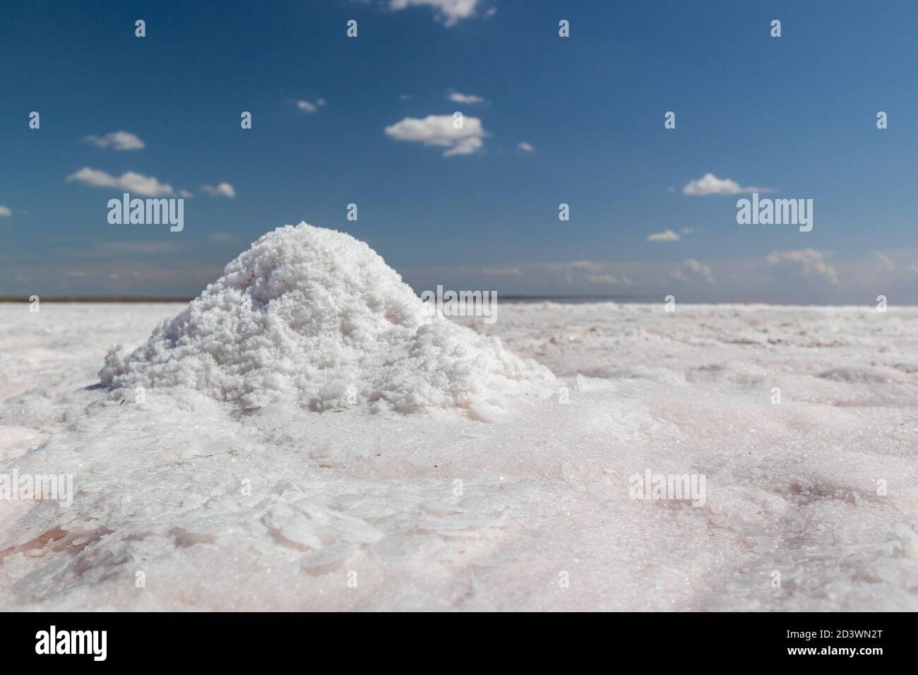 White salt bunch close-up shining on coast of salt lake with blurred ...