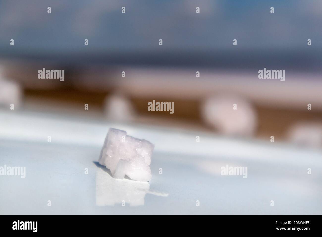 Pink white salt flake crystal formation on white reflective surface ...