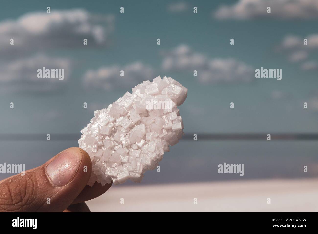 Hand fingers holding white shining salt flake crystal with blurred ...