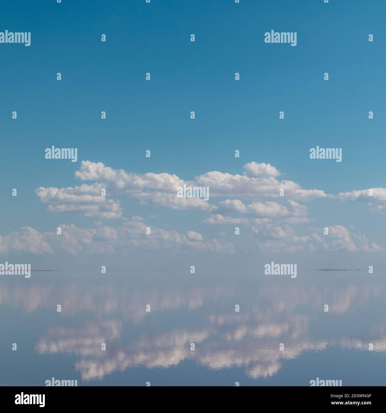 Salt lake water surface with mirror reflection of nice clouds with blue ...