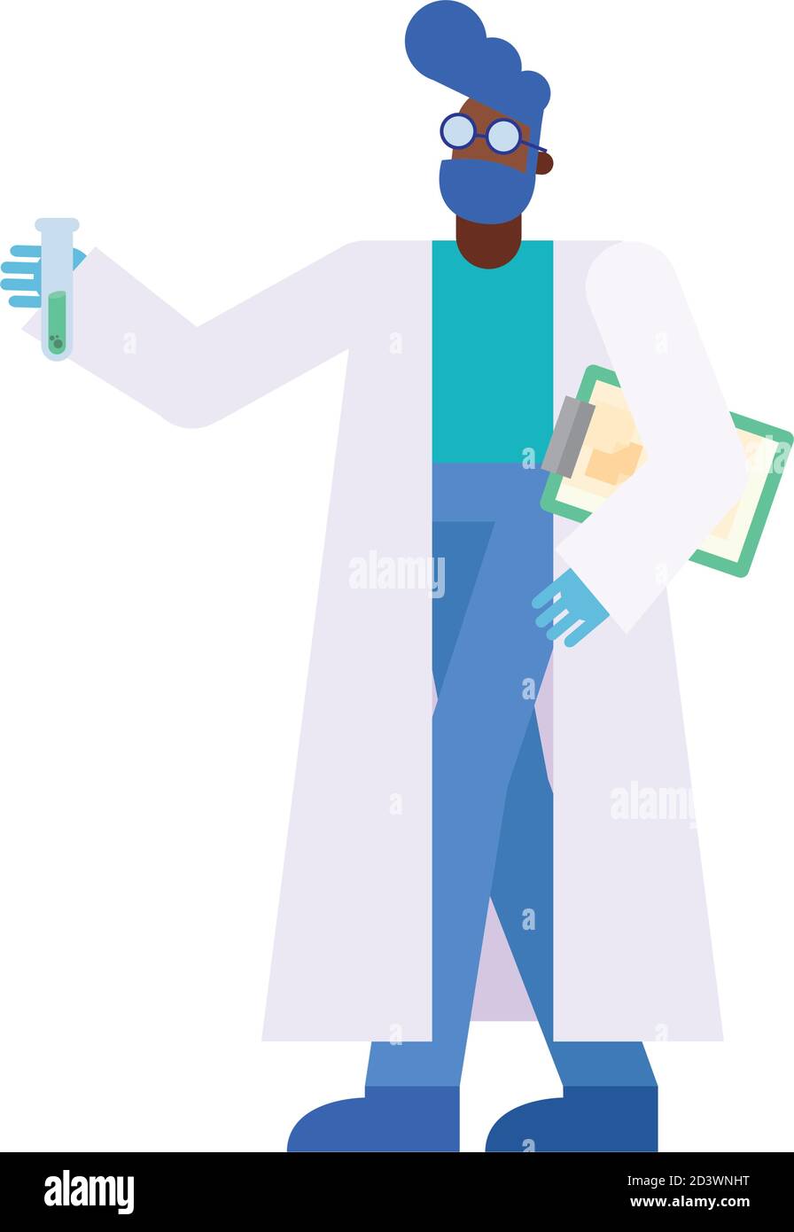 chemical man with tube and document design, science and laboratory ...