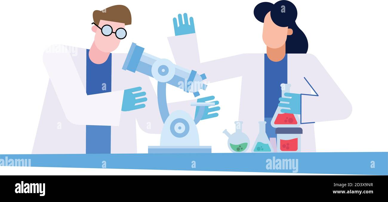 chemical man and woman with microscope and flasks at desk design ...