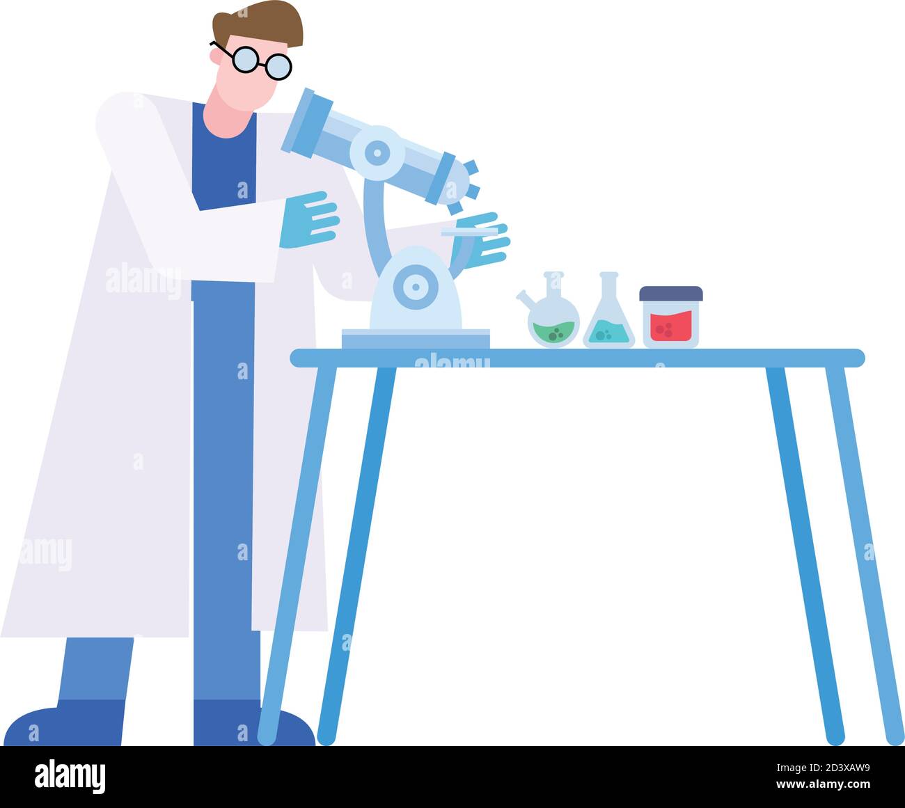 chemical man with microscope and flasks at desk design, science and ...