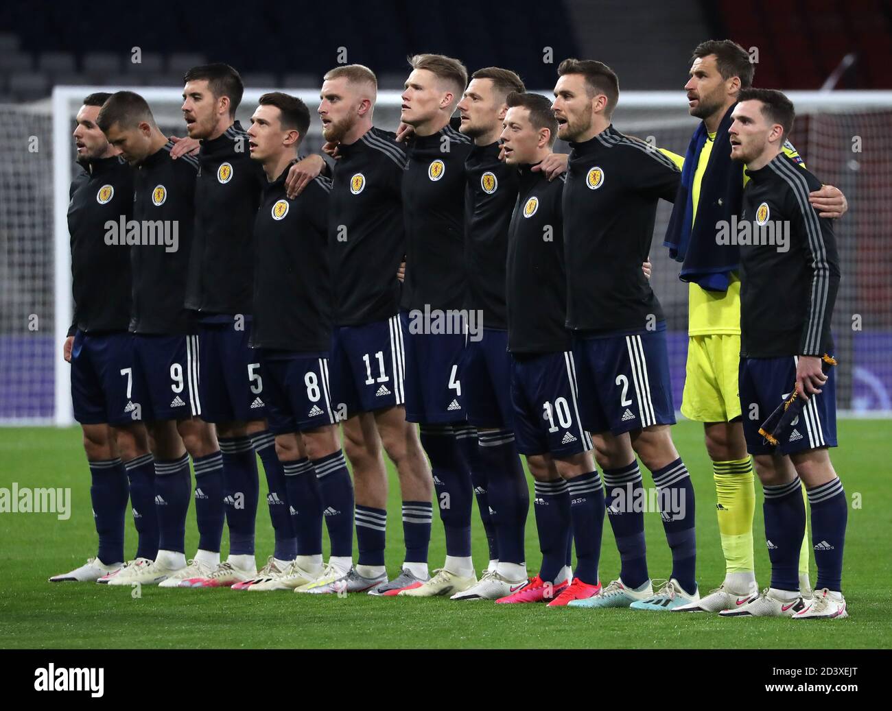 Scotland players line up for the national anthem before the UEFA Euro ...
