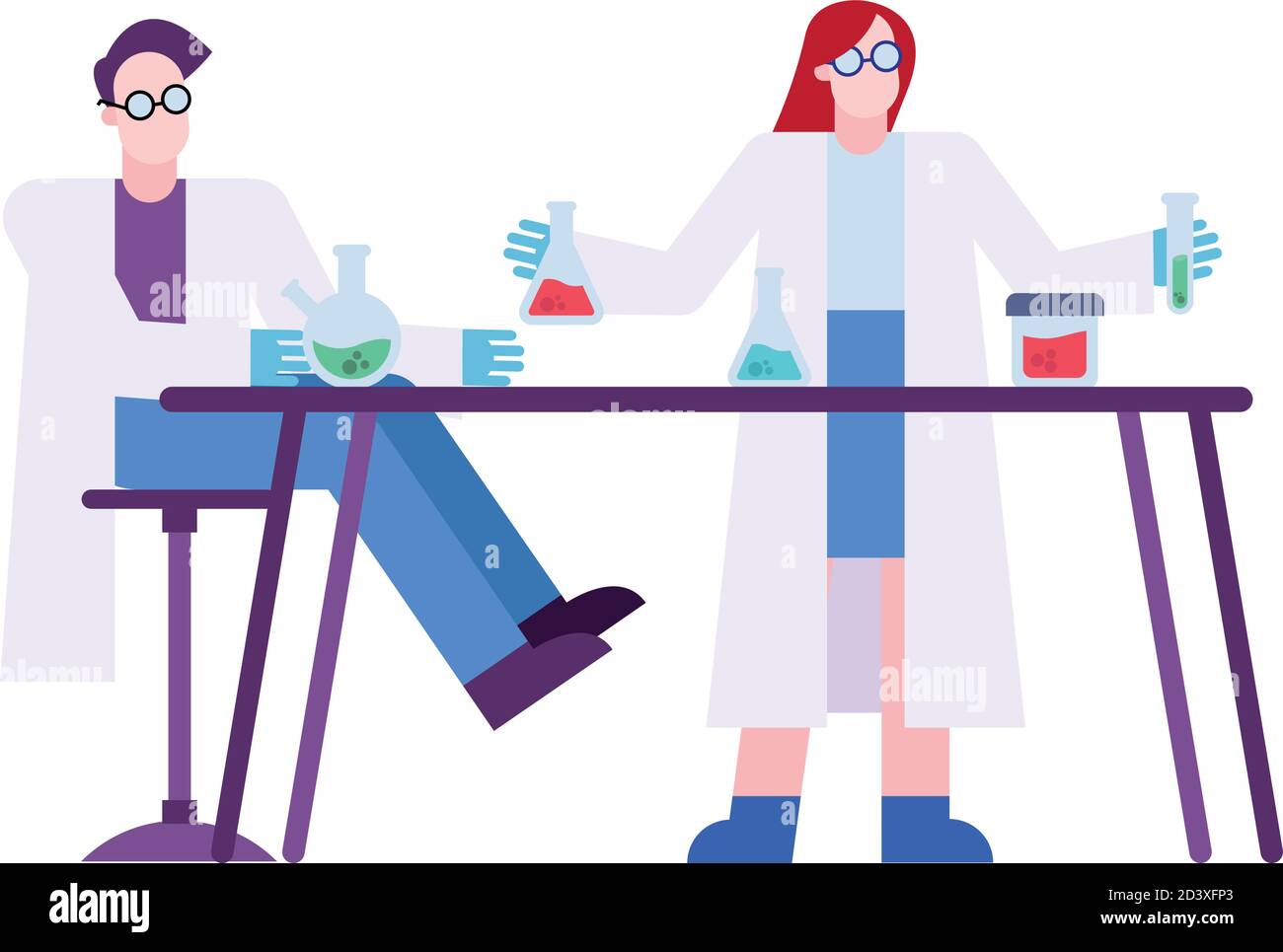 chemical man and woman with flasks at desk design, science and ...