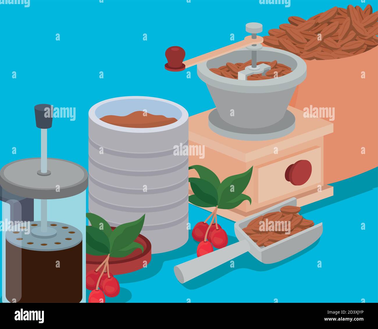 coffee french press jar grinder and bag vector design Stock Vector ...