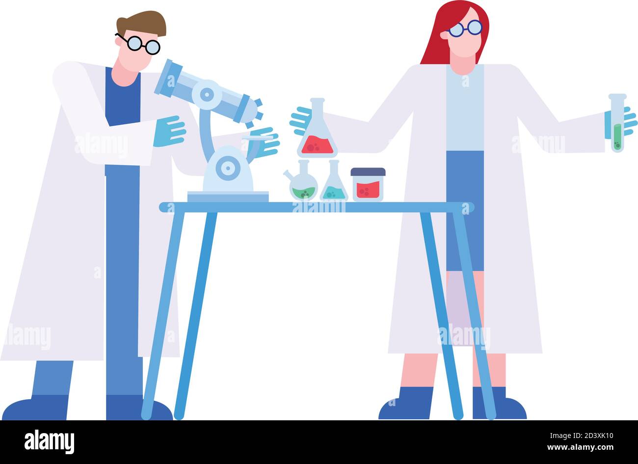 chemical man and woman with microscope and flasks at desk design ...