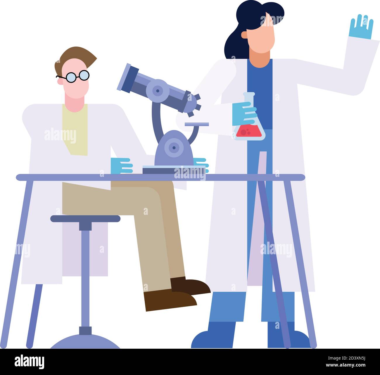 chemical man and woman with microscope and flask at desk design ...
