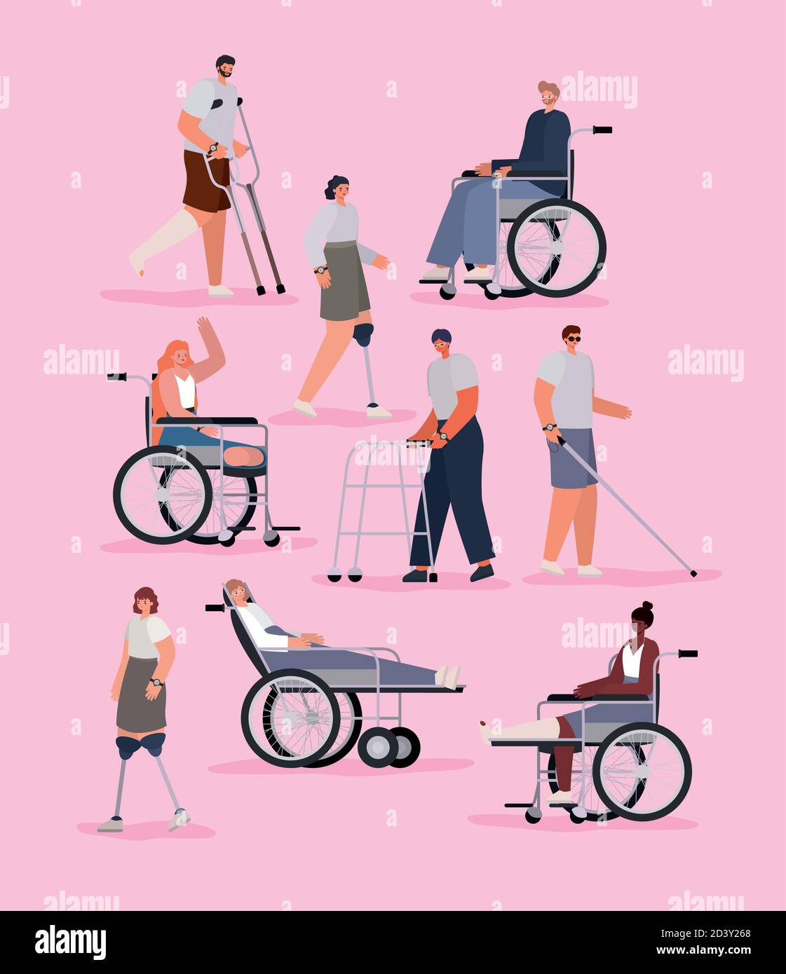 disability people cartoons with wheelchair prosthesis and cast on pink ...