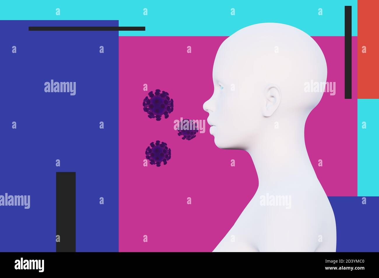 minimal female head and virus cells, cough, side view, spread virus ...