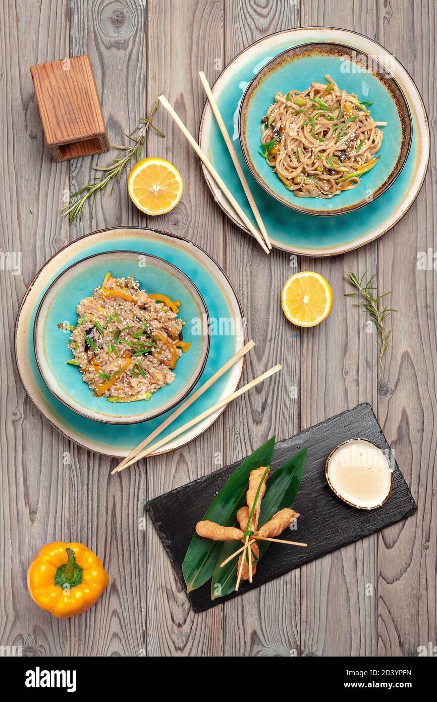 Top view of a cooked served dishes of restaurant's menu Stock Photo - Alamy
