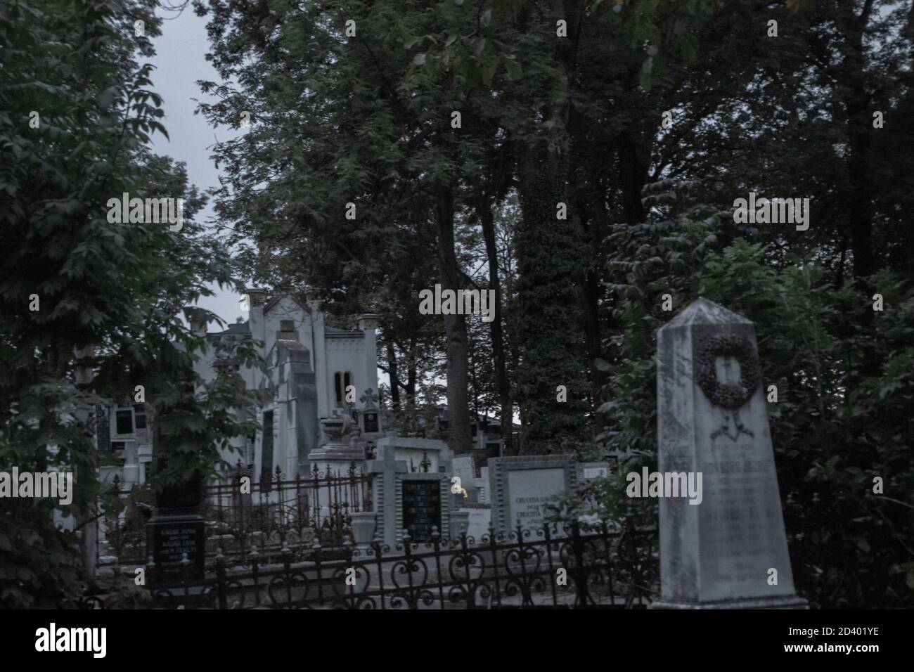 Old historical grave monuments , a part of a creepy old cemetery Stock ...