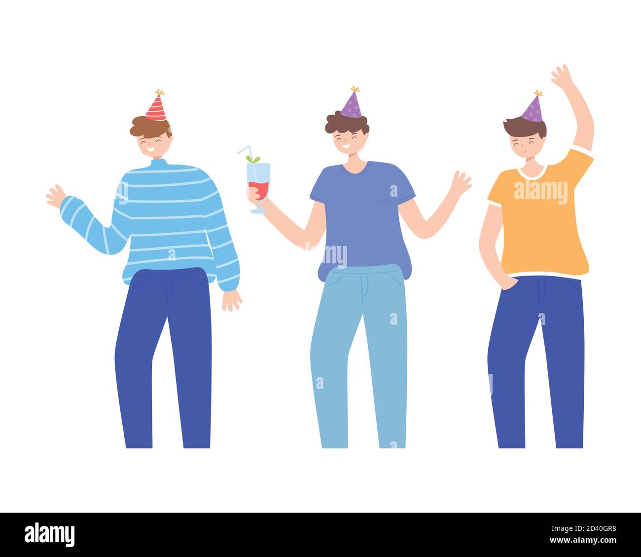 young men with party hats and drink celebrating event vector ...