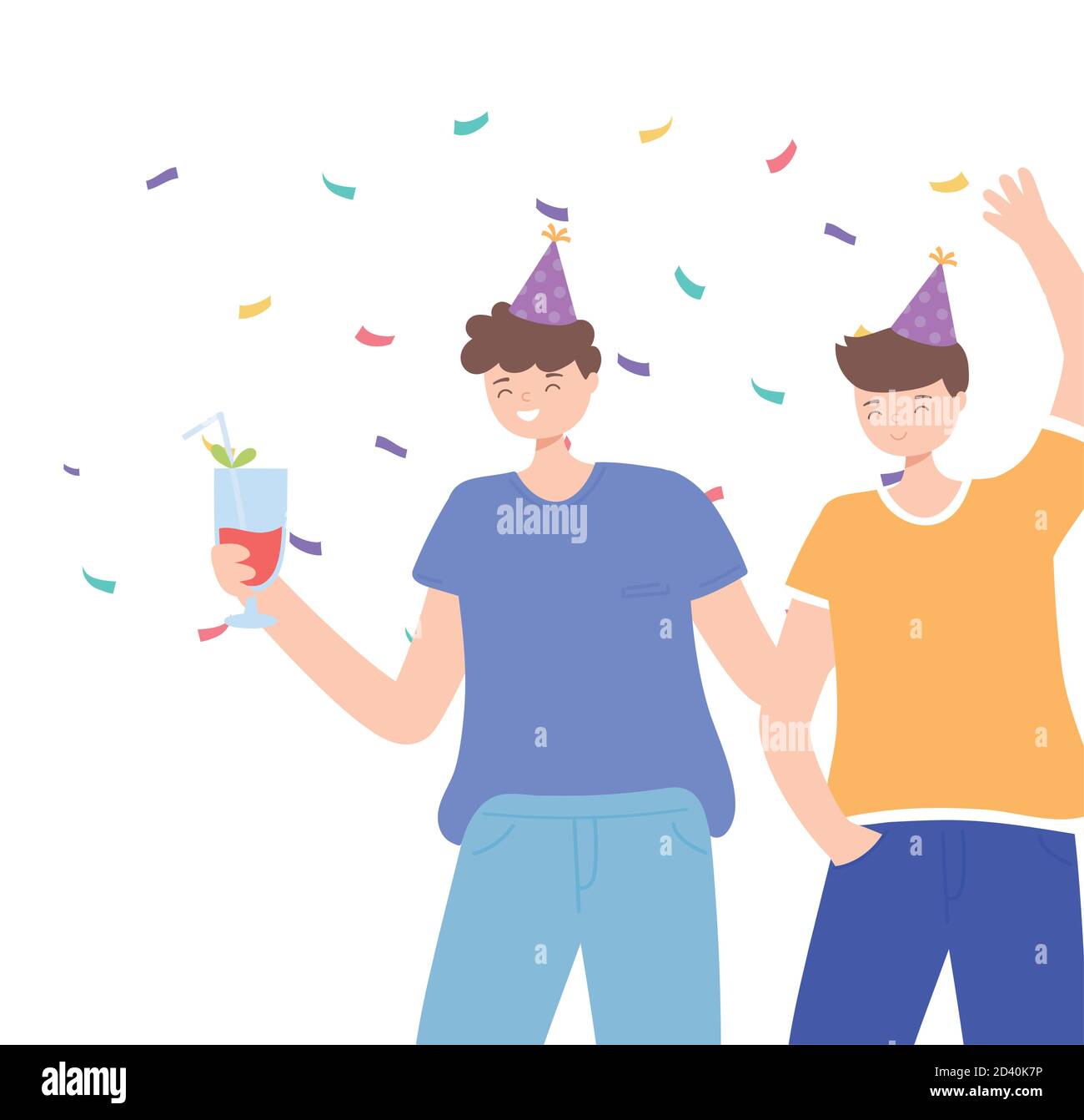 young men with party hats and drink confetti celebration vector ...
