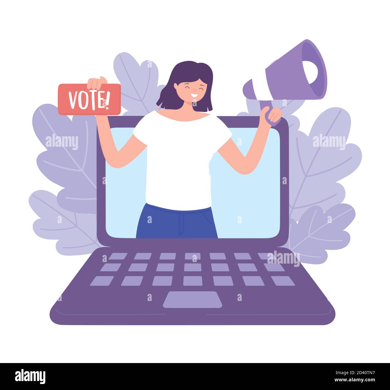 election day, happy woman in laptop with megaphone and vote lettering ...