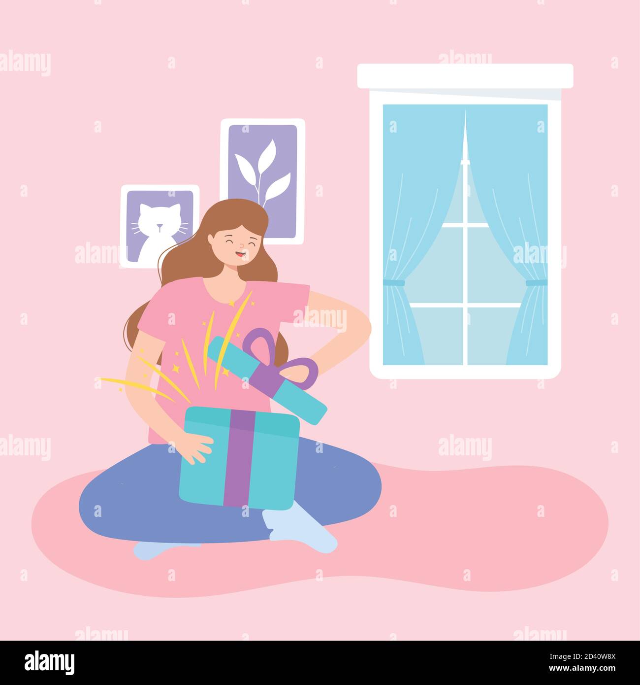 alone girl opening gift box in the room cartoon vector illustration ...