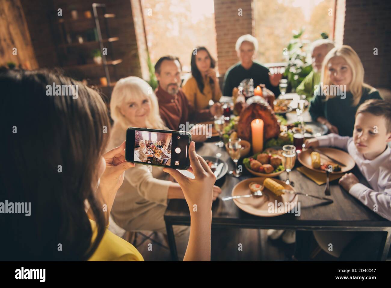 Photo of full family gathering eight people little photographer ...