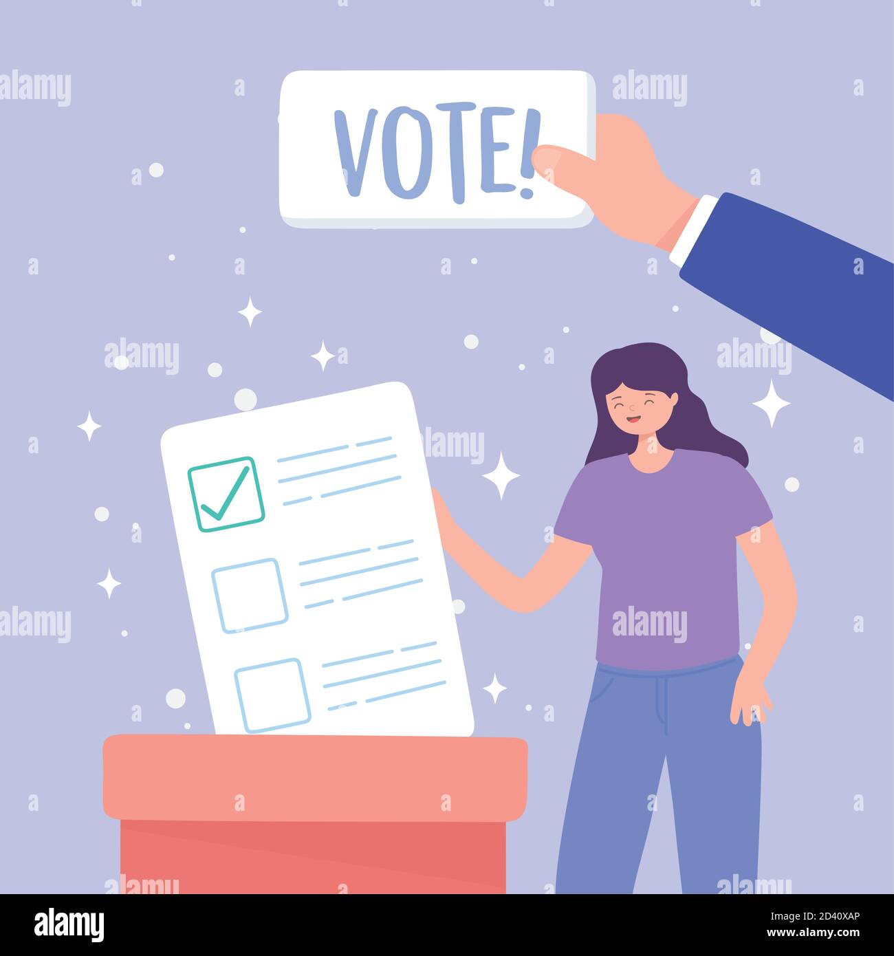election day, woman with ballot in box and hand with vote lettering ...