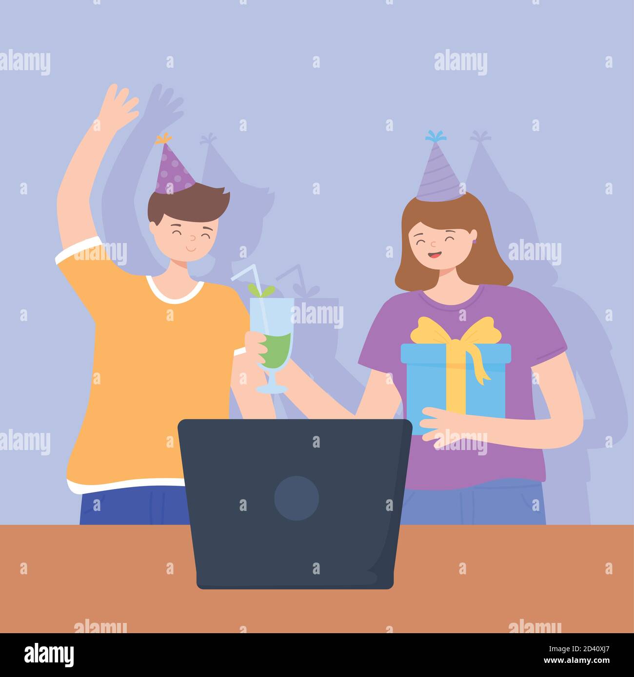 online party, girl with cocktail gift and boy with laptop celebration ...