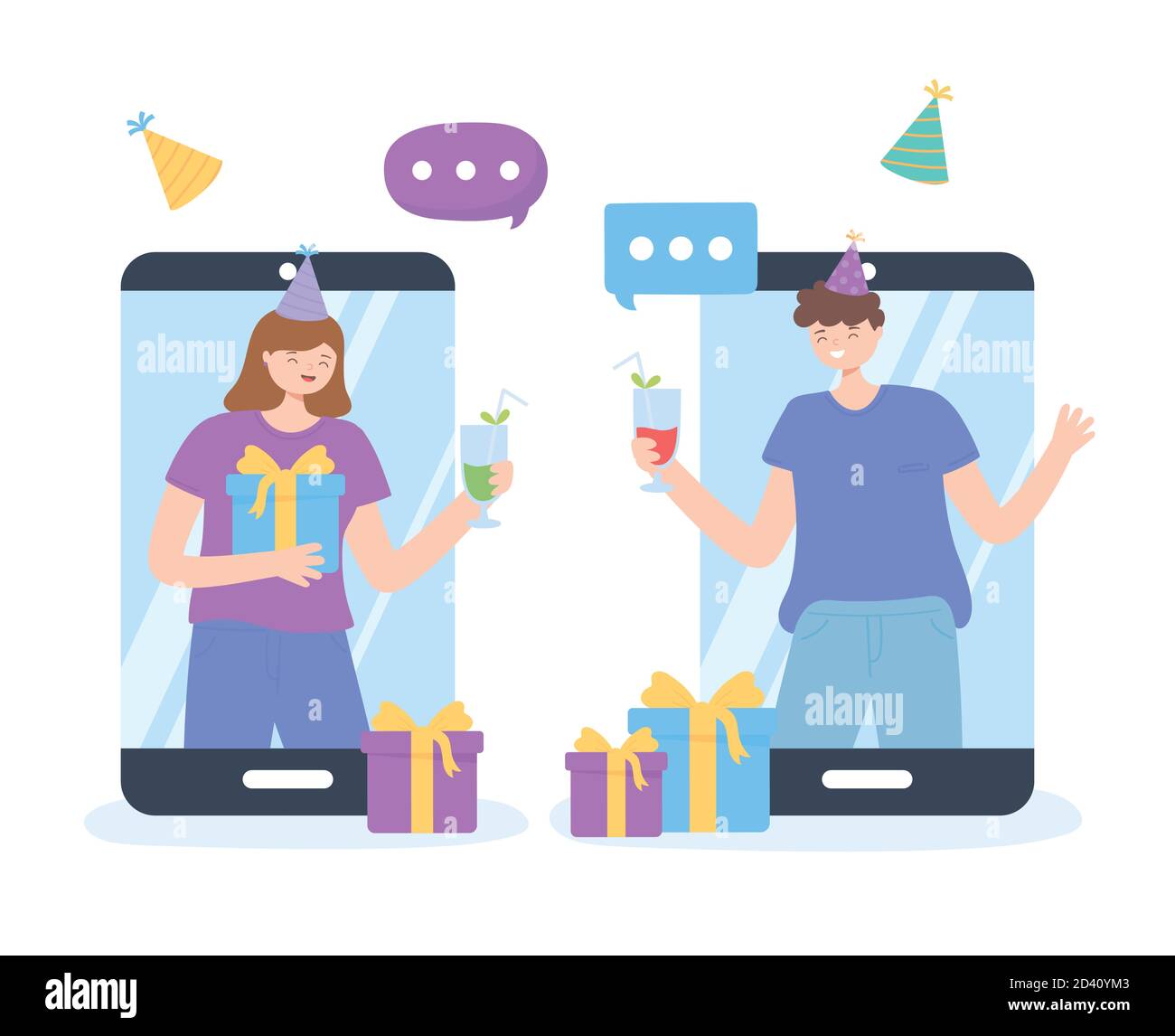 online party, man and woman in smartphone connection celebrating ...