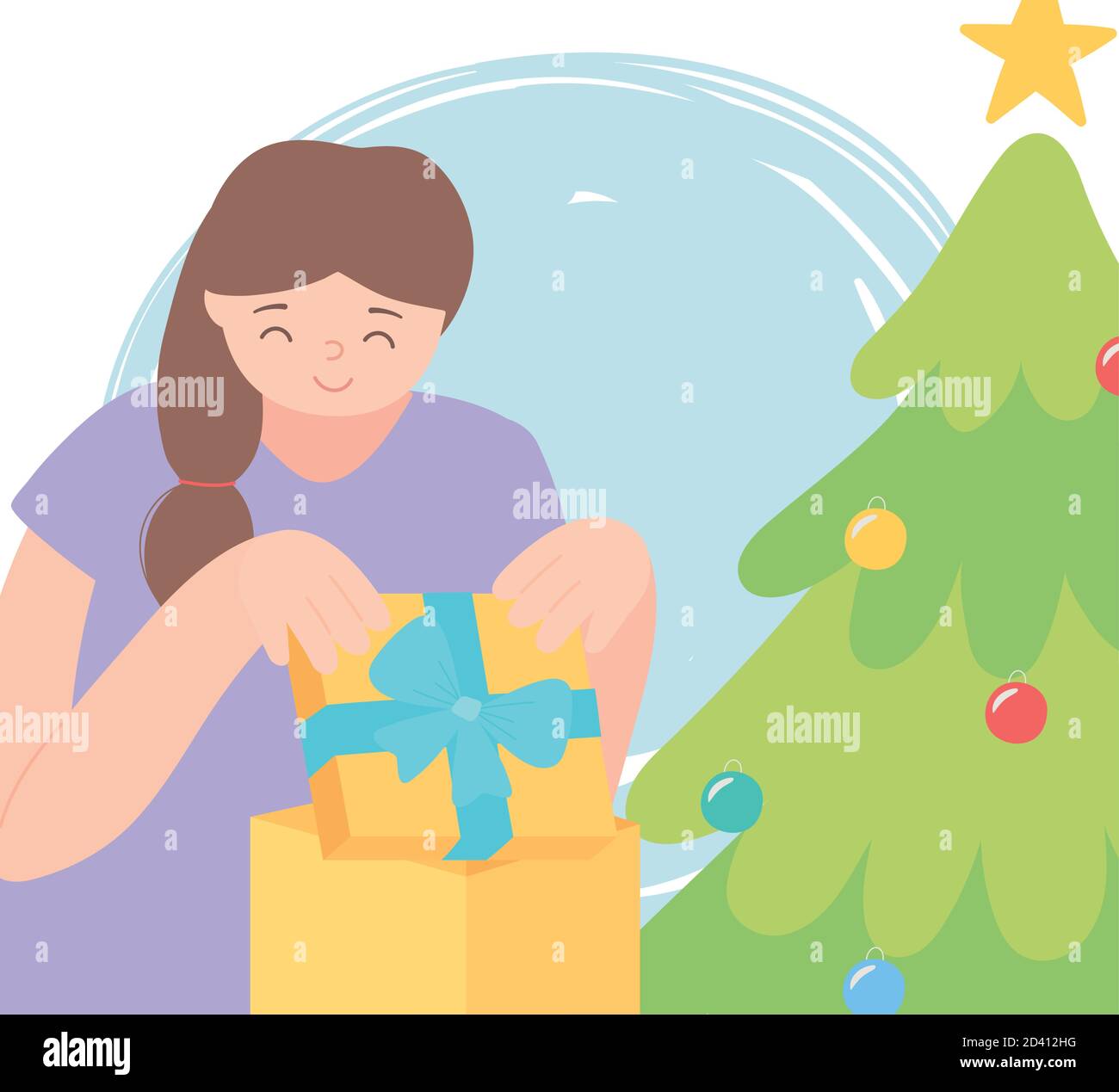 girl opening gift box with christmas tree cartoon vector illustration ...