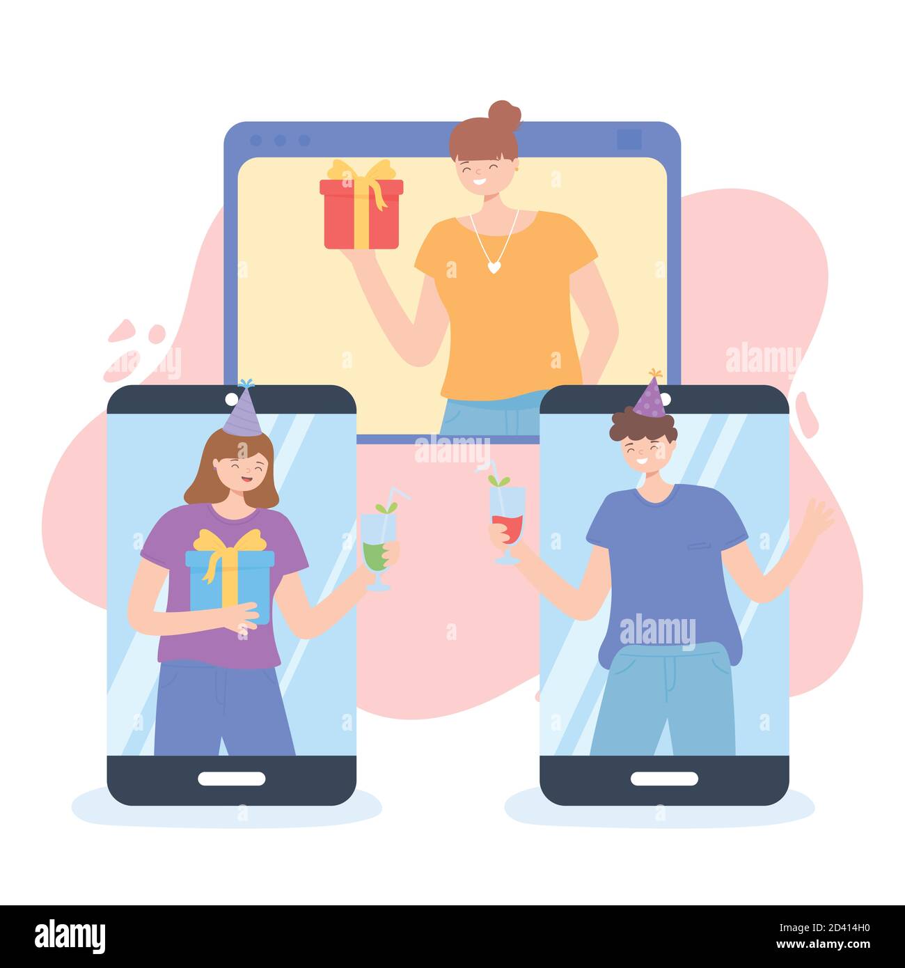 online party, friends celebrating via video chat from different gadgets ...