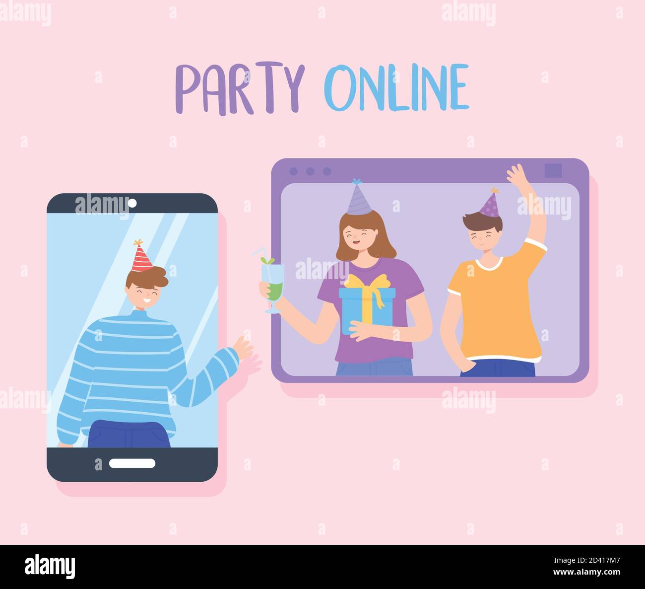 online party, people connected by internet celebrating vector ...