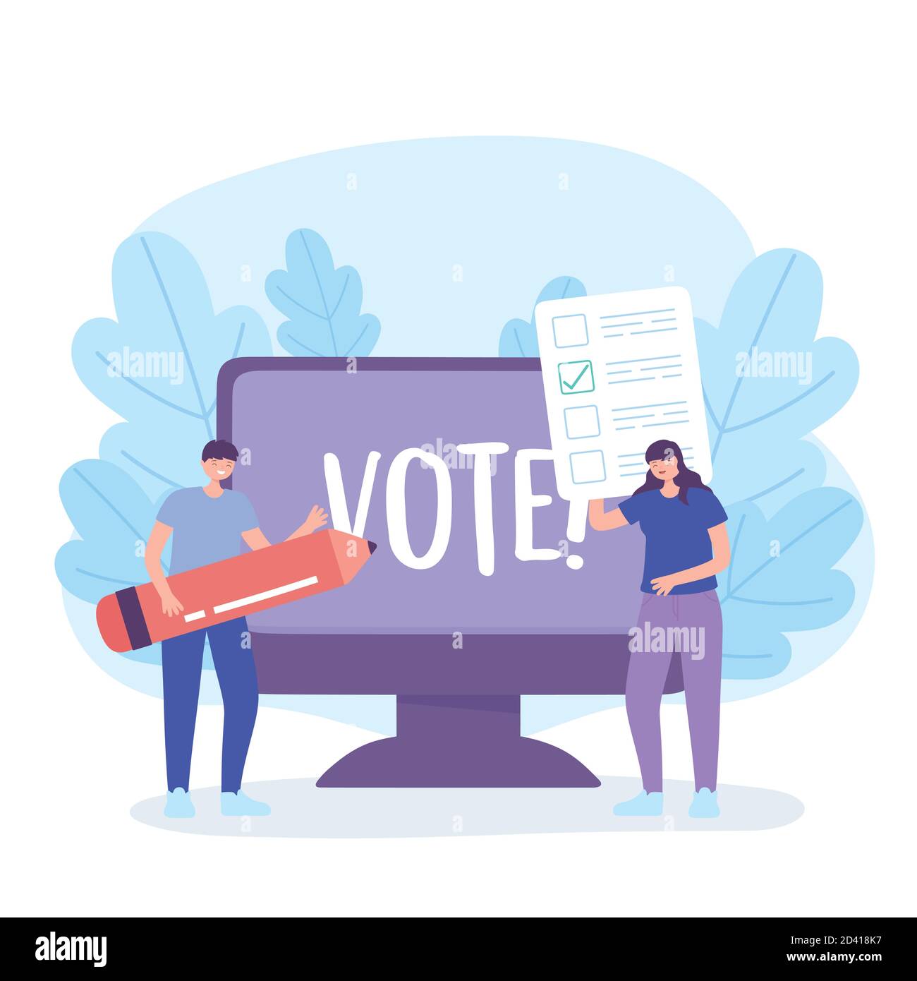 election day, woman with ballot man with pencil computer voting online ...