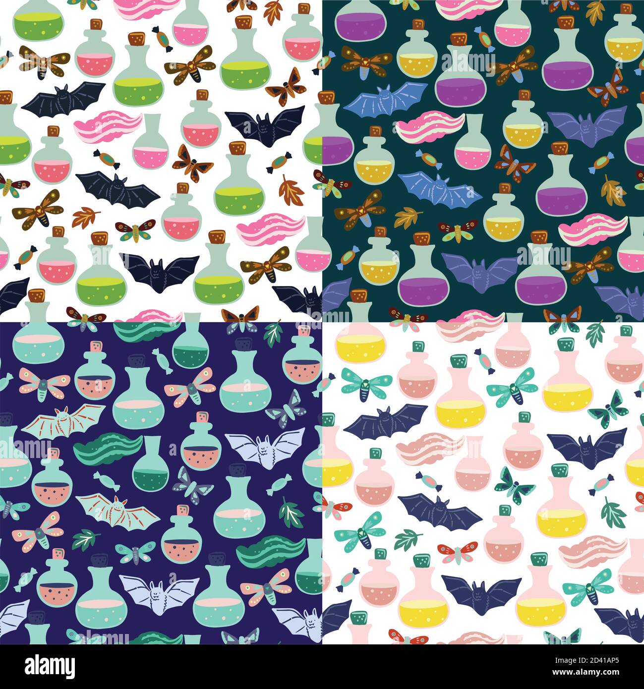 Cute vector seamless patterns with Halloween witch crafts. Cartoon ...