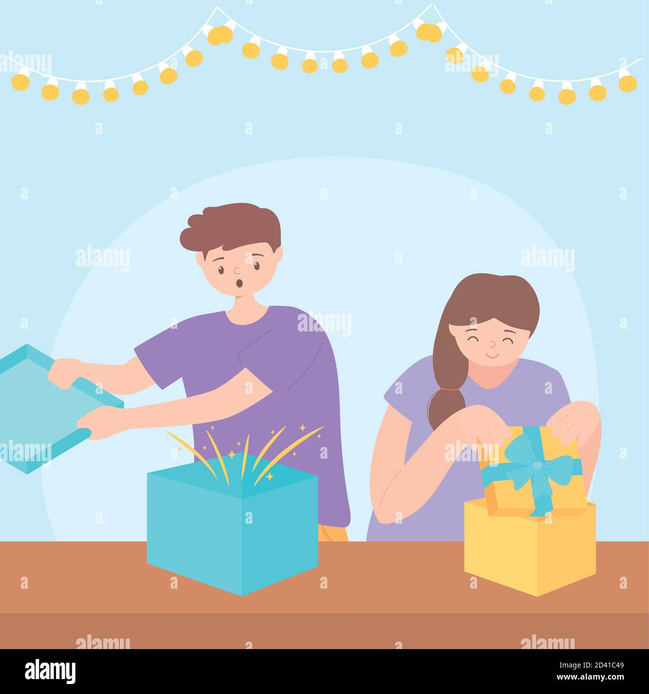 surprised boy and girl opening gift boxes in the party celebration ...