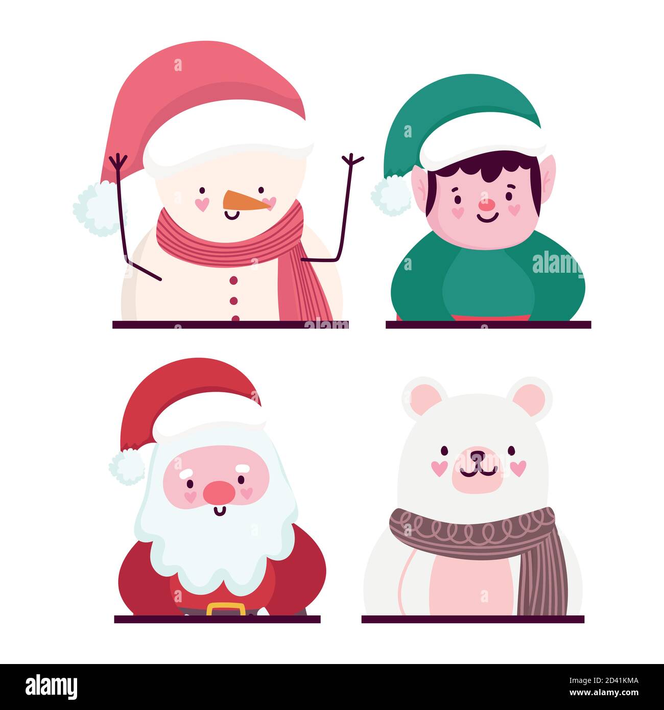 merry christmas, cute portrait santa helper bear and snowman icons ...